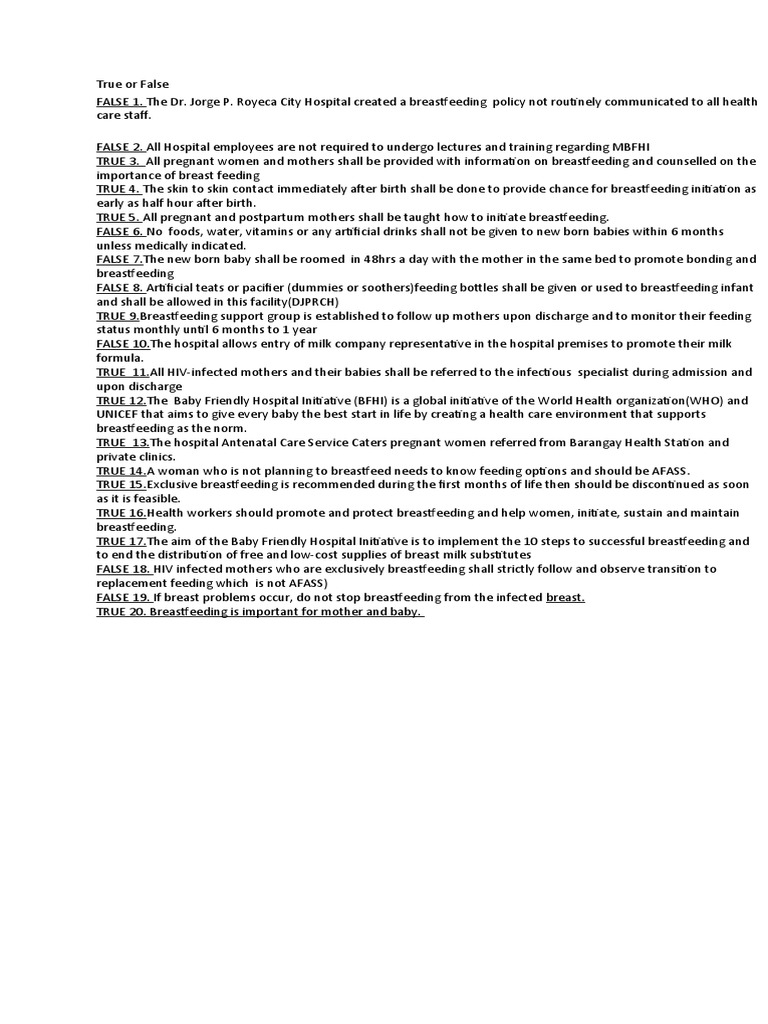 MBFHI PRE and Post TEST For NON Clinical Staff | PDF | Breastfeeding ...