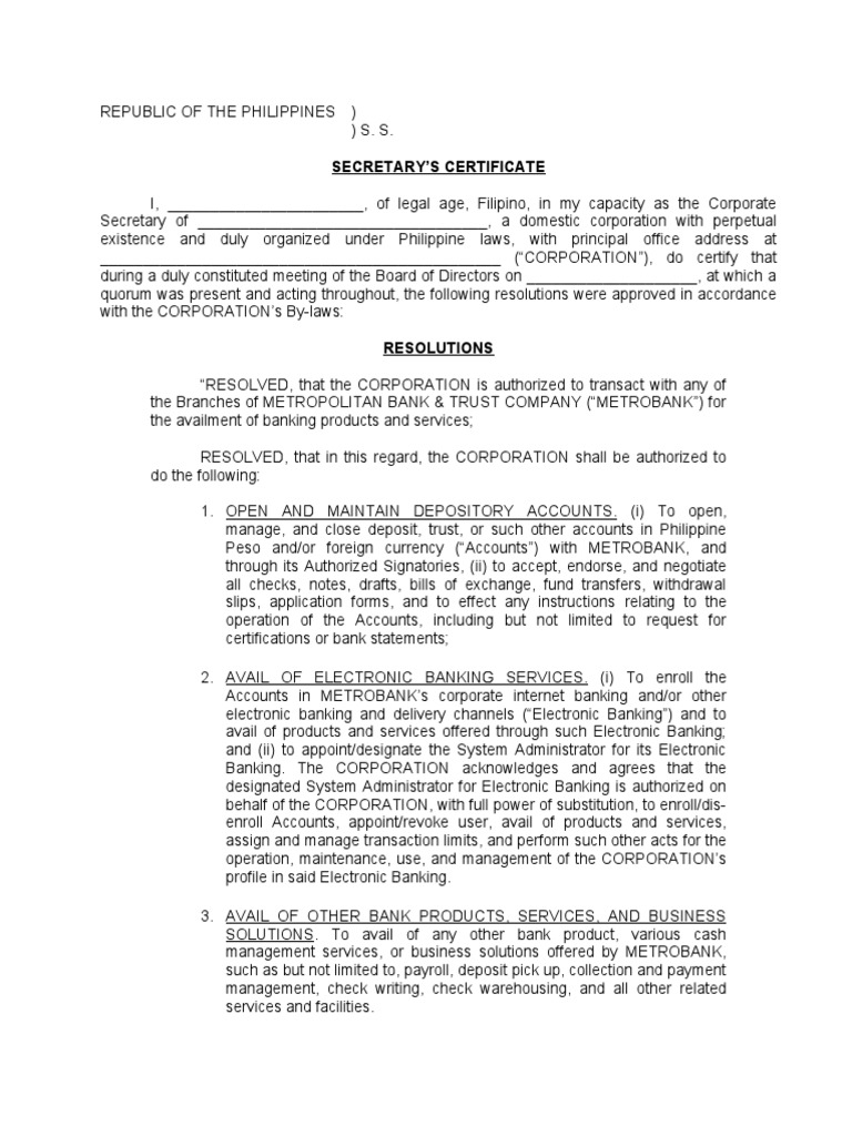 Secretary's Certificate For Account Opening (Domestic Corporation ...