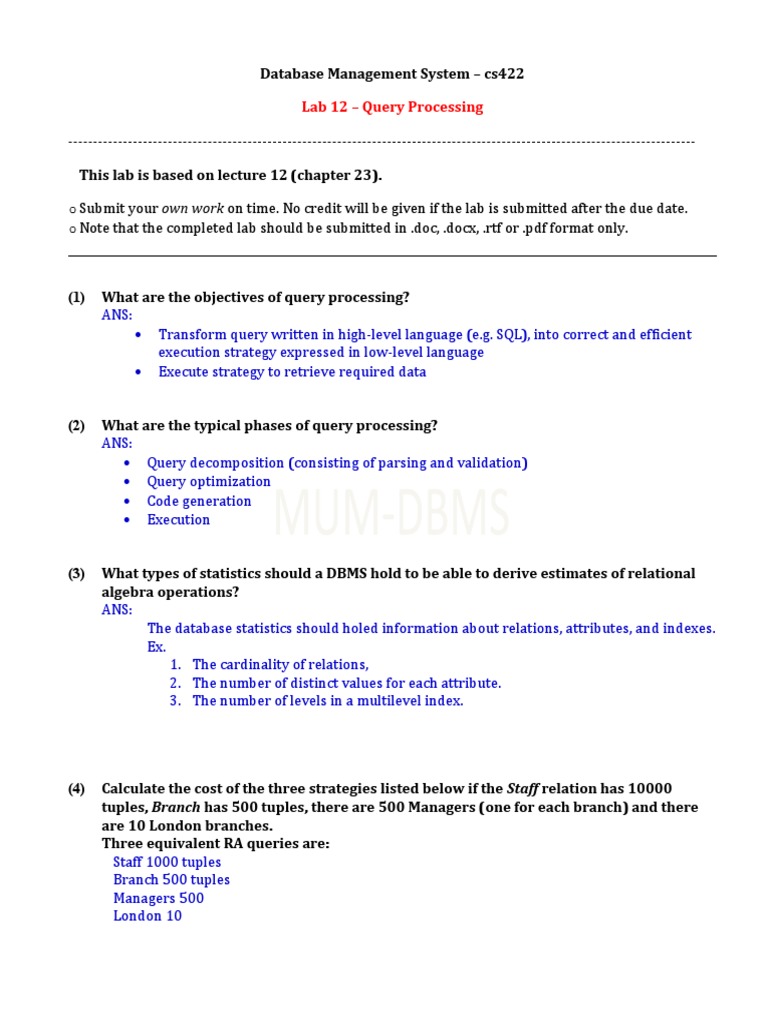 Lab 12 - Query Processing | PDF | Data Management Software | Databases