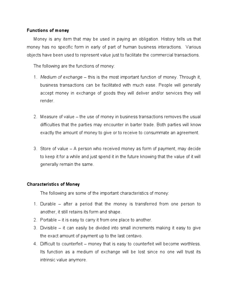 Functions of Money | PDF | Medium Of Exchange | Money