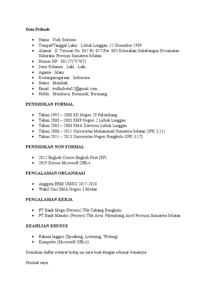 Data Pribadi CV Yudi | PDF
