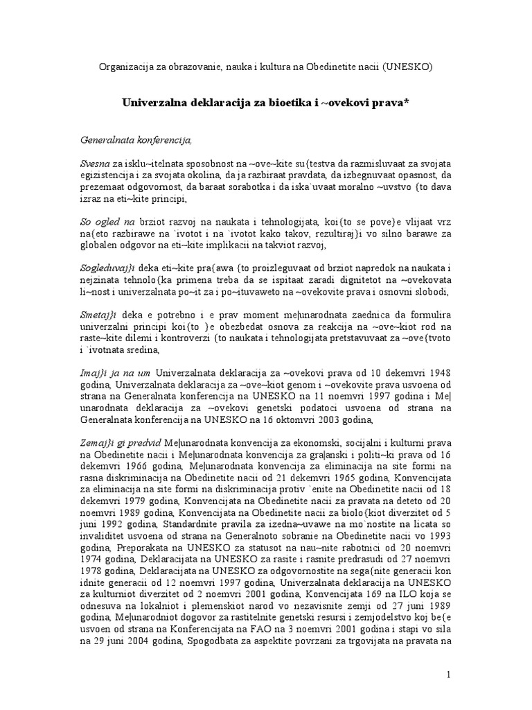 Univerzalna Deklaracija Za Bioetika I Covekovi Prava | PDF