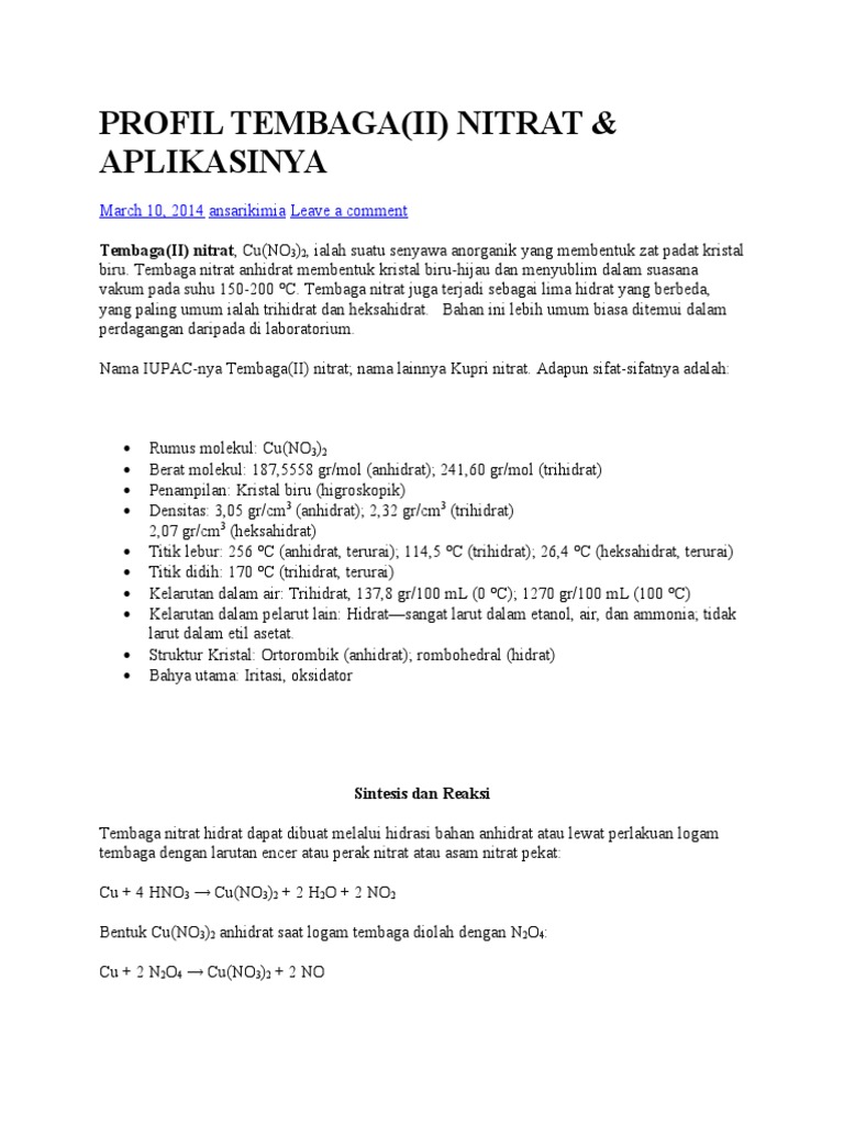 Profil dan Aplikasi Tembaga(II) Nitrat | PDF