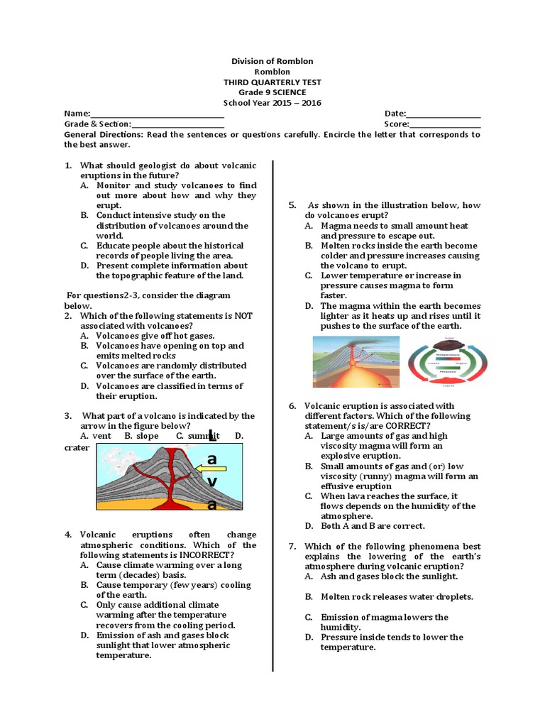Grade 9 Science Test on Volcanoes | PDF | Volcano | Types Of Volcanic ...
