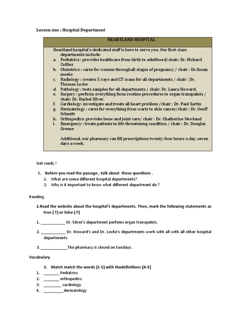 Lesson One Hospital Department | PDF | Emergency Department | Hospital