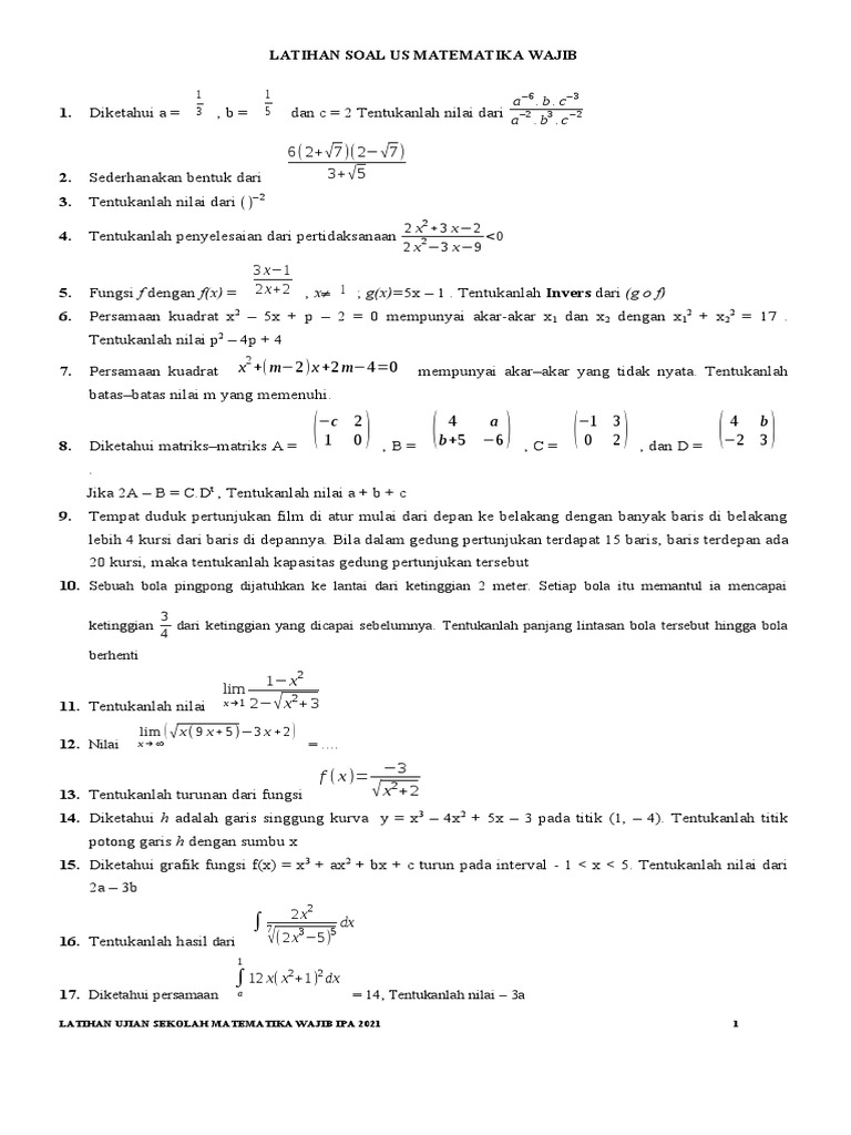 Lat Soal Us Matematika Wajib 2021 | PDF