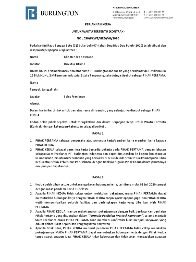 Perjanjian Kerja Sales Freelance Pt. Burlington Indonesia | PDF