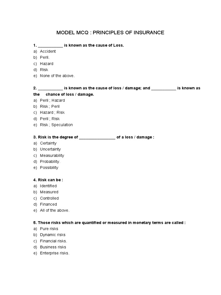 AIIBF MODEL MCQ's On PRINCIPLES OF INSURANCE Chapter 1 | PDF