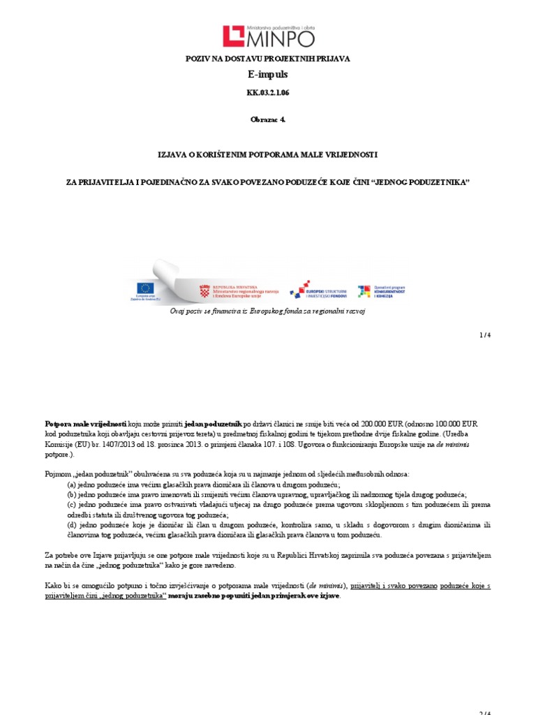 Izjava o Koristenim Potporama Male Vrijednosti | PDF