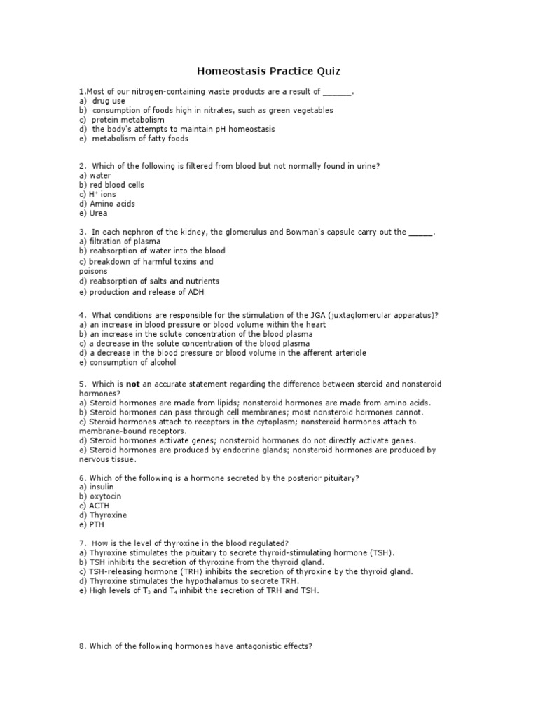 Homeostasis Quiz for Biology Students | PDF | Action Potential ...