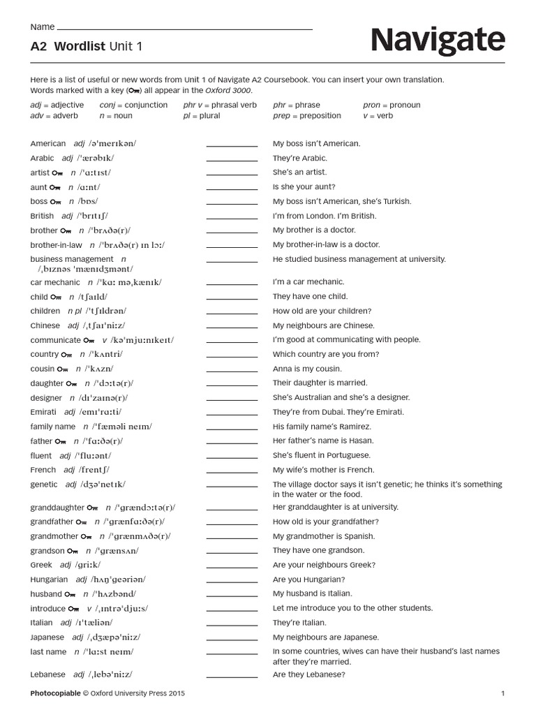 Navigate A2 Unit Wordlist | PDF | Verb | Adverb