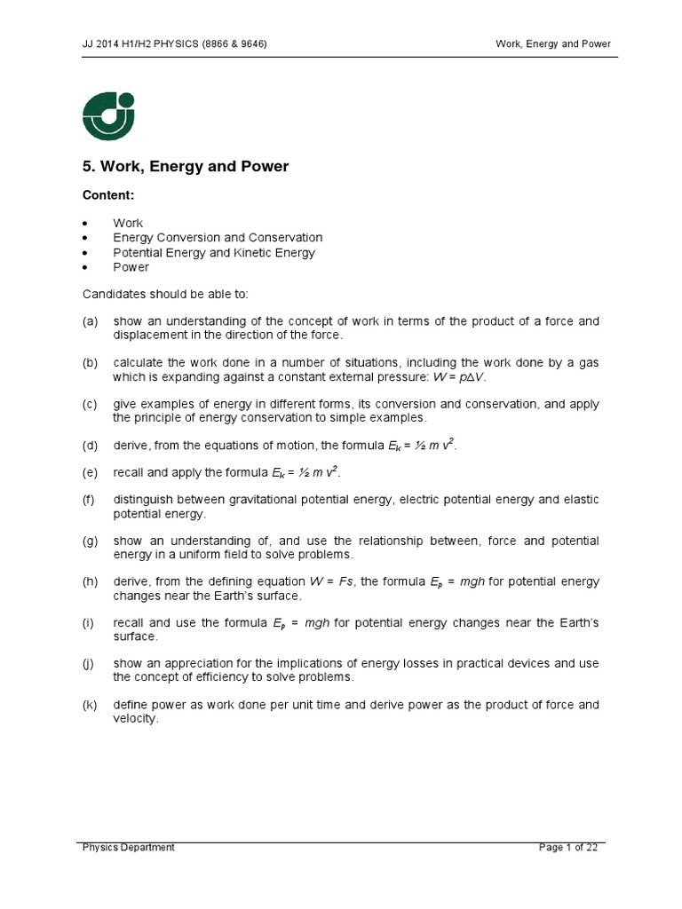 Work, Energy and Power Physics Review | PDF | Potential Energy | Force