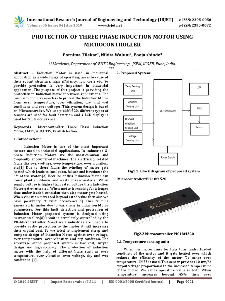 Protection Of Three Phase Induction Motor Using Microcontroller Pdf Electric Motor Sensor