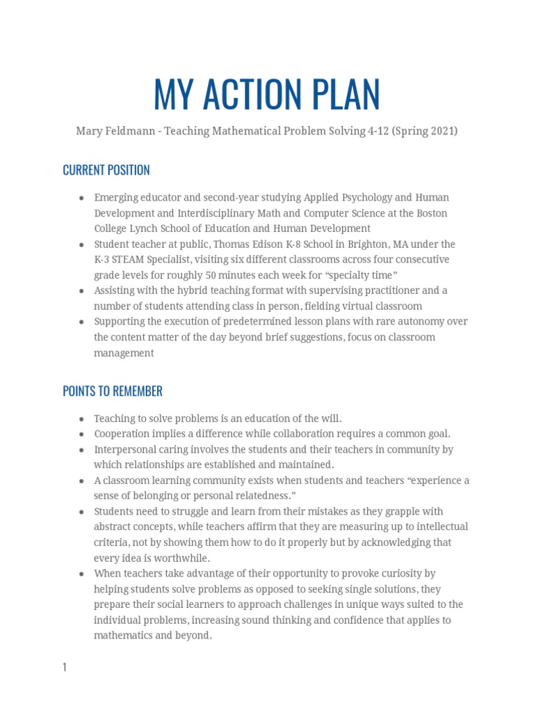 Feldmann Mary Grace Action Plan Teaching Math Problem Solving | PDF ...