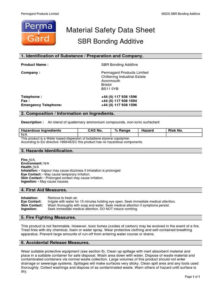 Material Safety Data Sheet: SBR Bonding Additive | PDF | Personal ...
