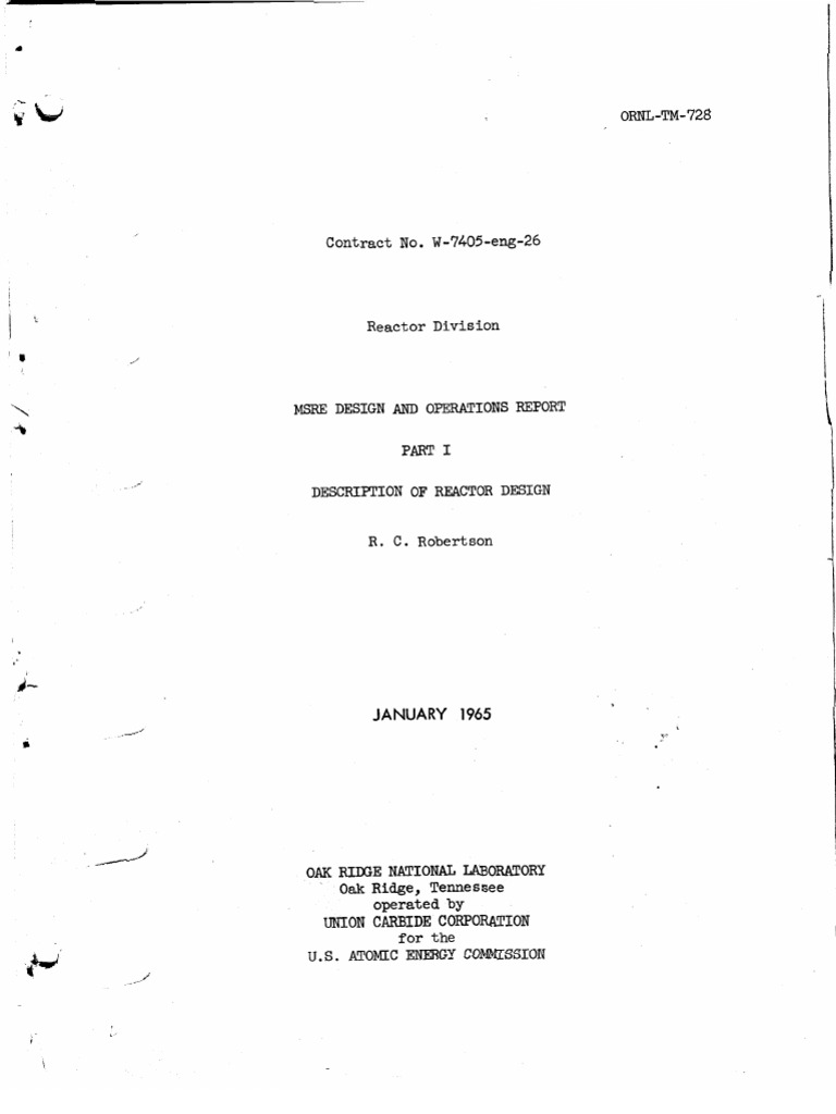 Ornl TM 728 Molten Salt Reactor. Design and Operations Report, PT 1 ...