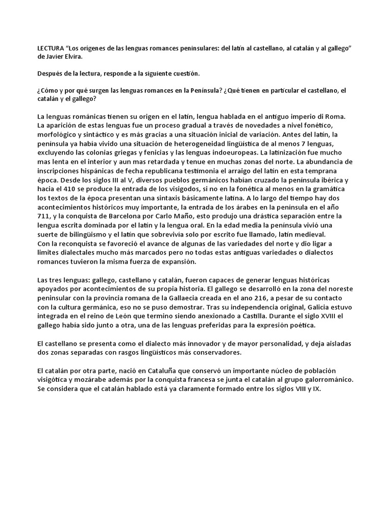 Ejercicio Sobre El Origen de Las Lenguas Peninsulares | PDF | latín ...