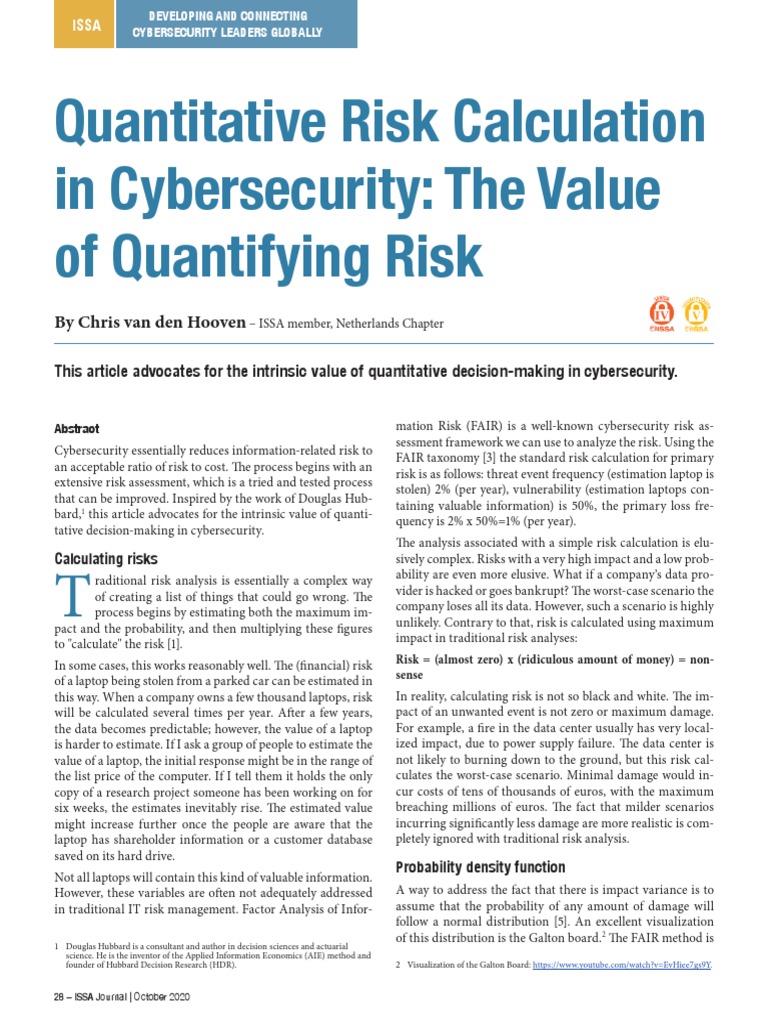 Quantitative Risk Calculation in Cybersecurity: The Value of ...