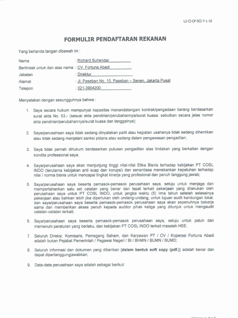 Formulir Pendaftaran Rekanan CV - FA | PDF