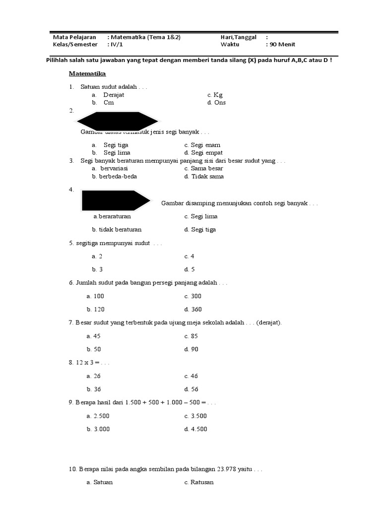 PTS MTK KLS 4 Tema 1 Dan 2 | PDF | Metode & Bahan Ajar