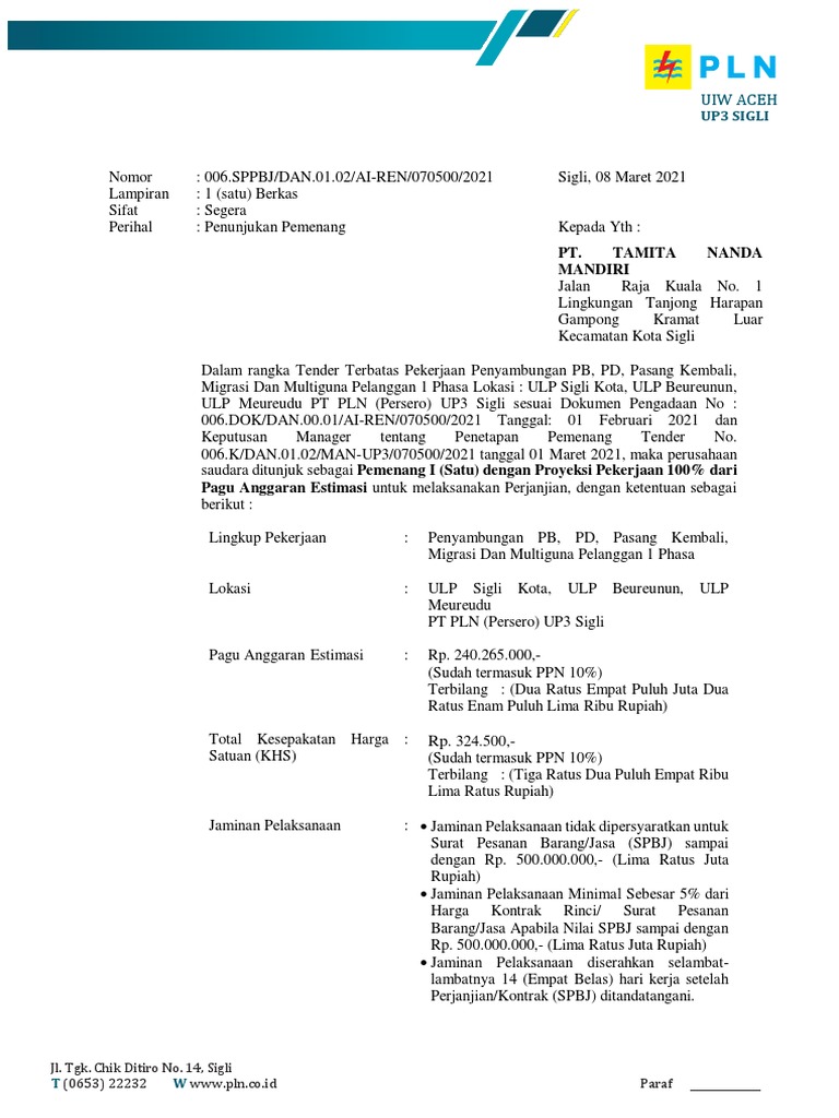 08031647-Surat Penunjukan Pemenang SPBJ 006 Tamita | PDF