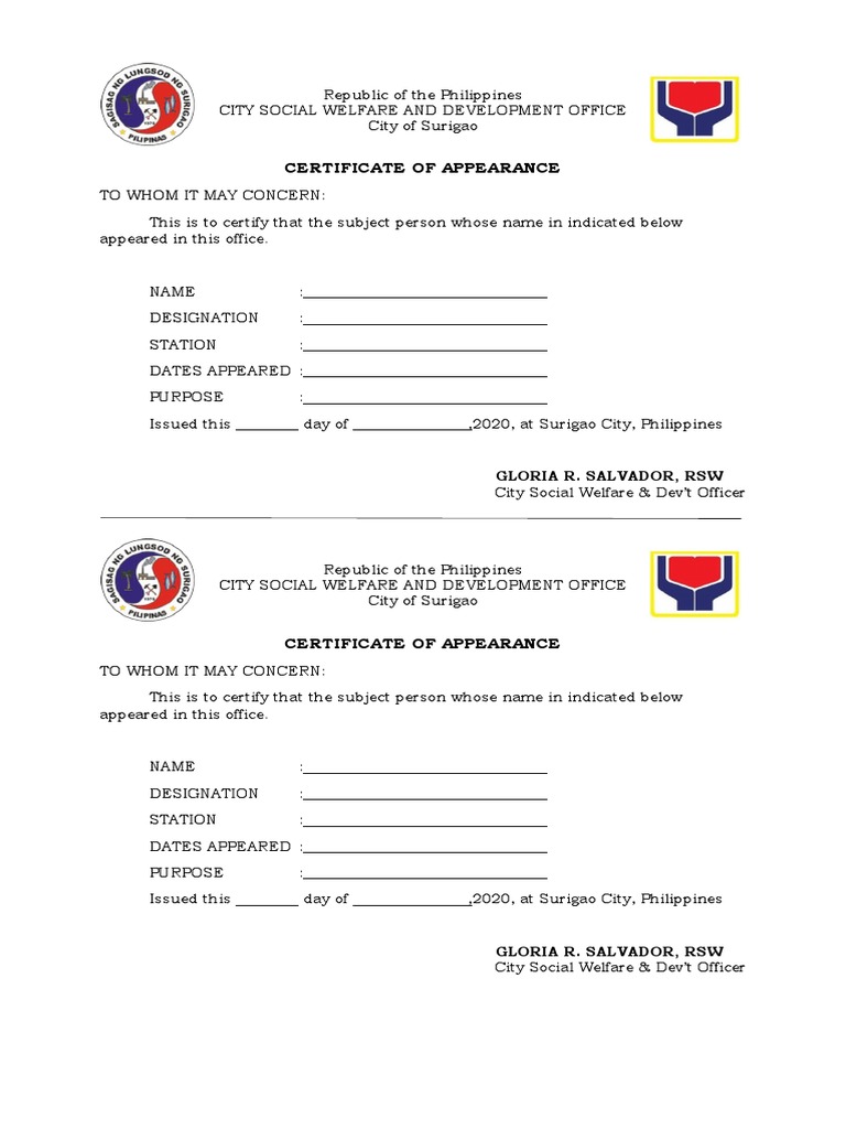 Certificate of Appearance DSWD | PDF