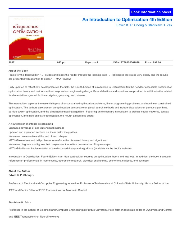 An Introduction To Optimization 4th Edition: Book Information Sheet ...
