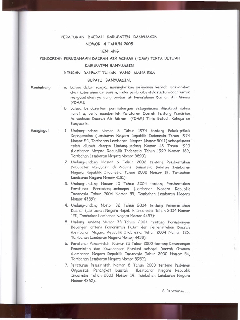 Perda Pendirian PDAM Tirta Betuah | PDF