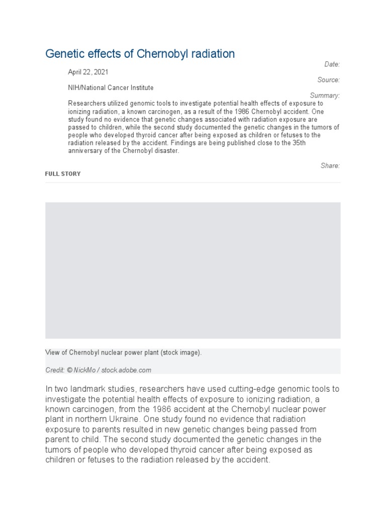 Genetic Effects of Chernobyl Radiation: Date: Source: Summary | PDF ...