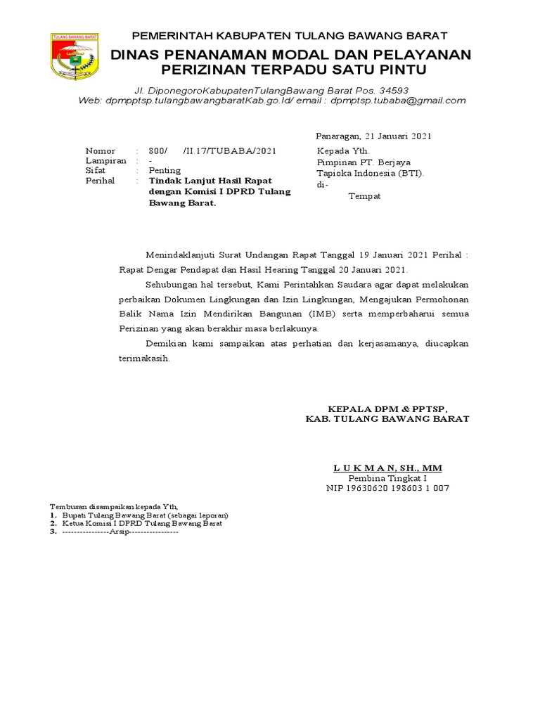 Surat Hombauan Ke PT. BTI | PDF