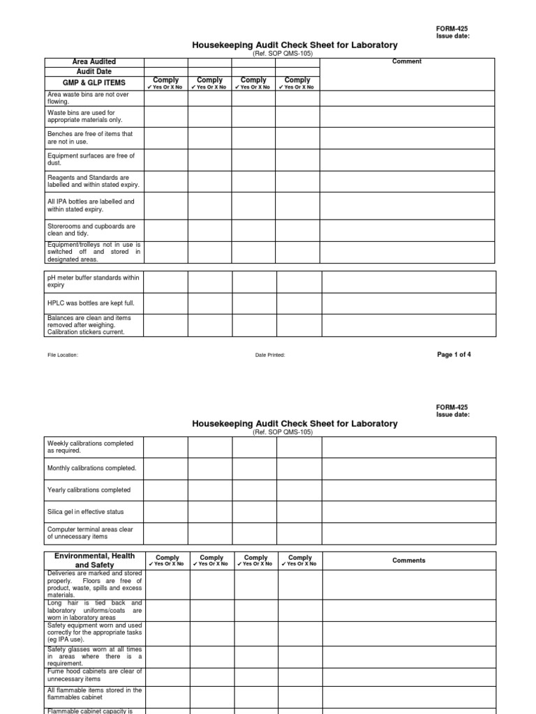 Form 425 Housekeeping Audit Checksheet For Laboratory | PDF | Safety ...
