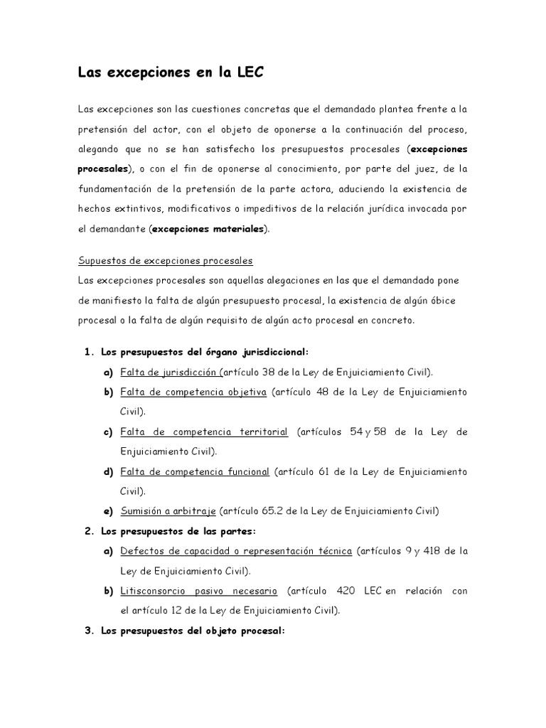 Las Excepciones Procesales y Materiales en La LEC | PDF | Ley procesal ...
