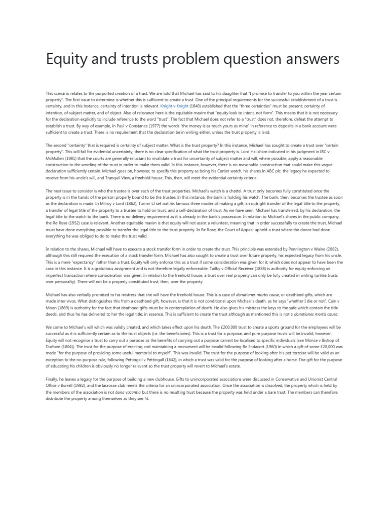 Equity and Trusts Problem Question Answers: Knight V Knight | PDF ...