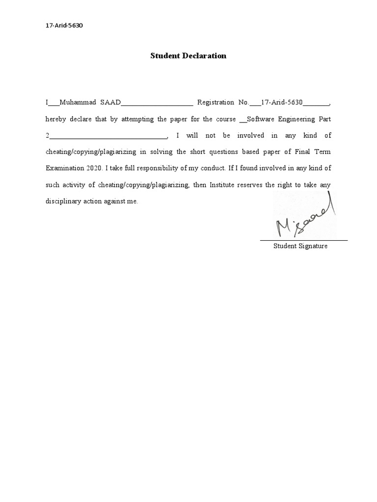 Student Declaration Form for Software Engineering Exam | PDF | Formal ...