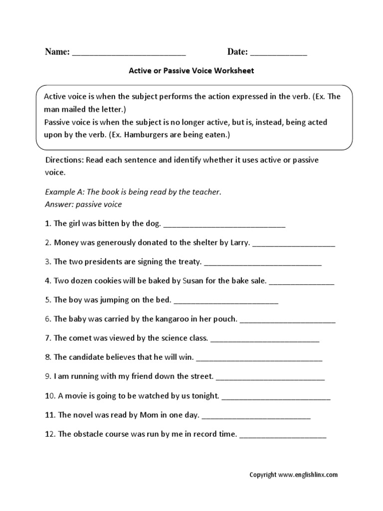 Name: - Date: - Active or Passive Voice Worksheet | PDF