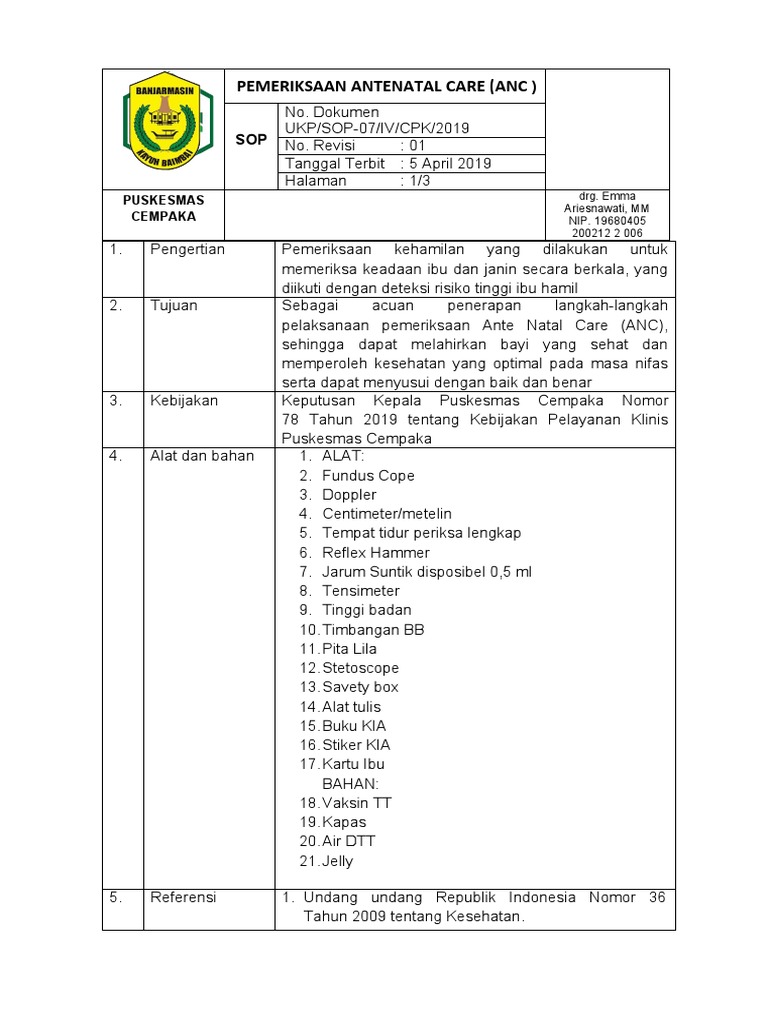 SOP Pemeriksaan Antenatal Care (ANC) | PDF | Kesehatan Holistik | Sains & Matematika