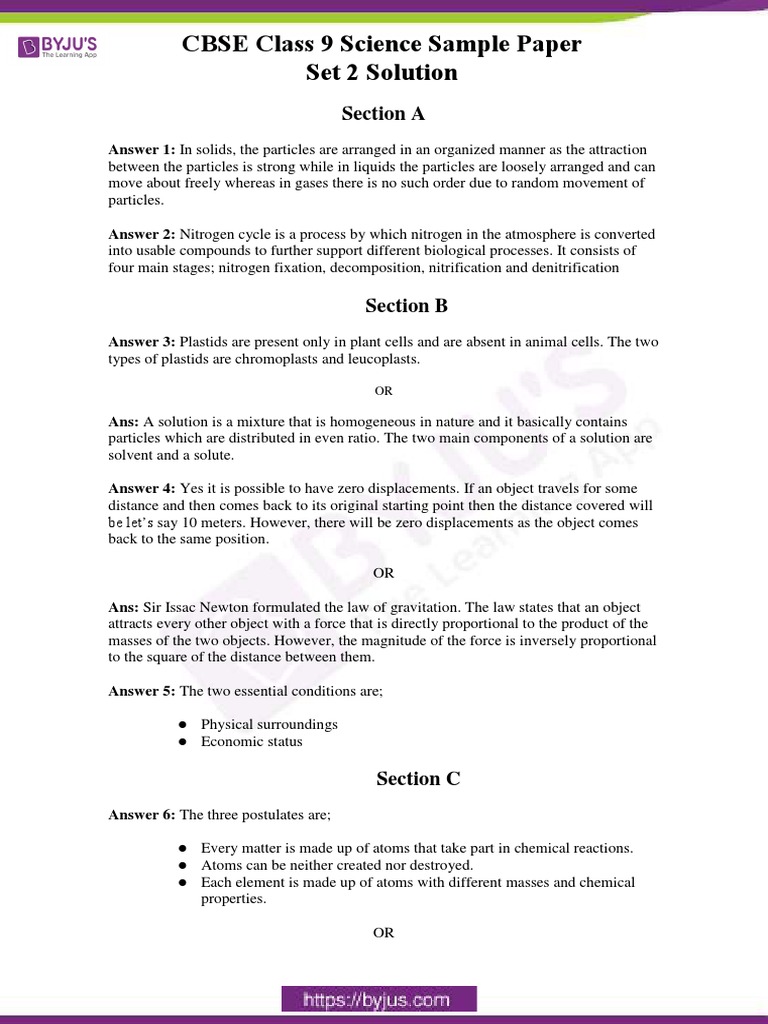 CBSE Sample Paper Class 9 Science Set 2 Solution | PDF | Tissue ...
