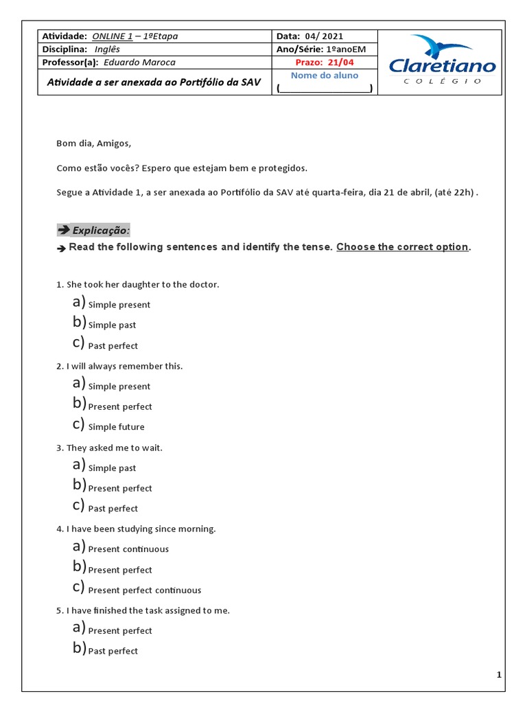 1 ETAPA - Online - 1 - English - 2021-1EM - VerbTenses | PDF ...