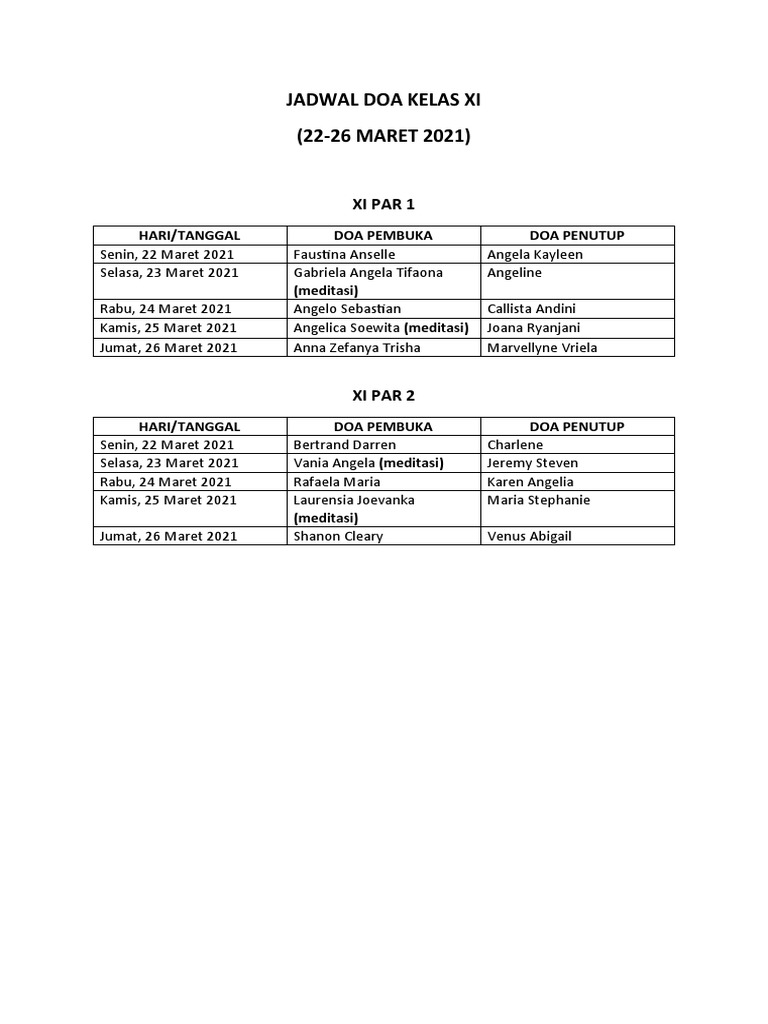 Jadwal Doa Kelas Xi (22-26 Maret 2021) | PDF