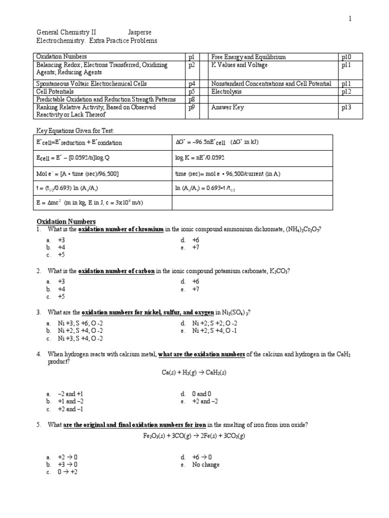 General Chemistry II Jasperse Electrochemistry. Extra Practice Problems | PDF | Anode | Redox