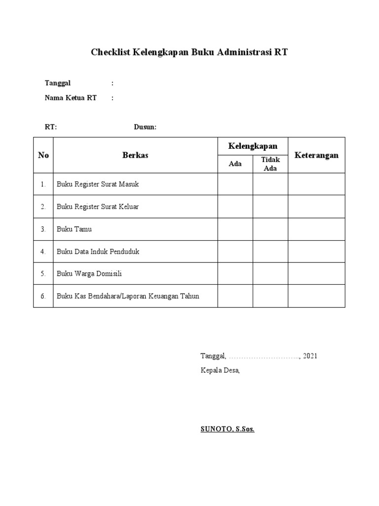 Checklist Kelengkapan Buku Administrasi RT | PDF