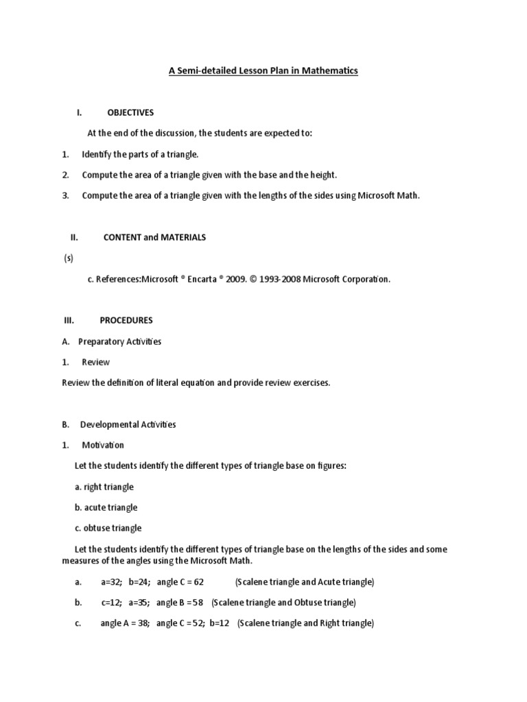 A Semi-Detailed Lesson Plan in Mathematics: I. Objectives | PDF ...