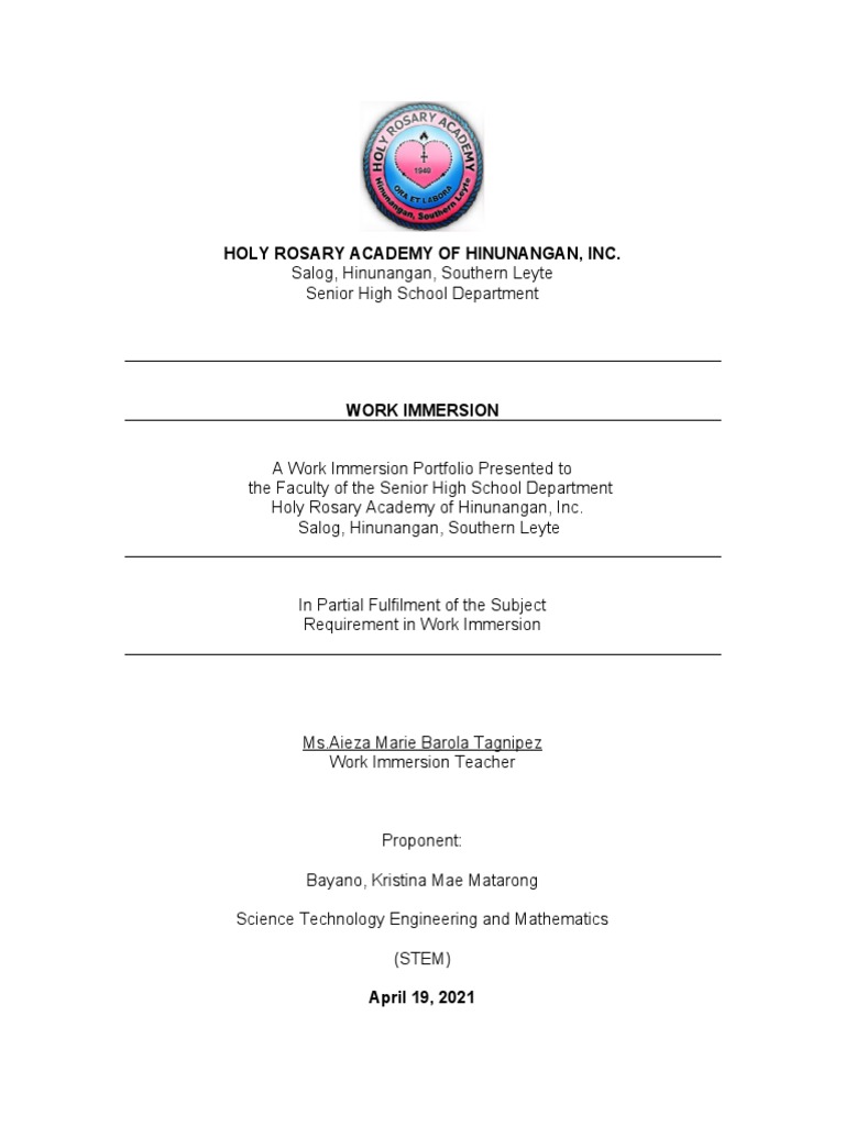 Front Page For Work Immersion | PDF