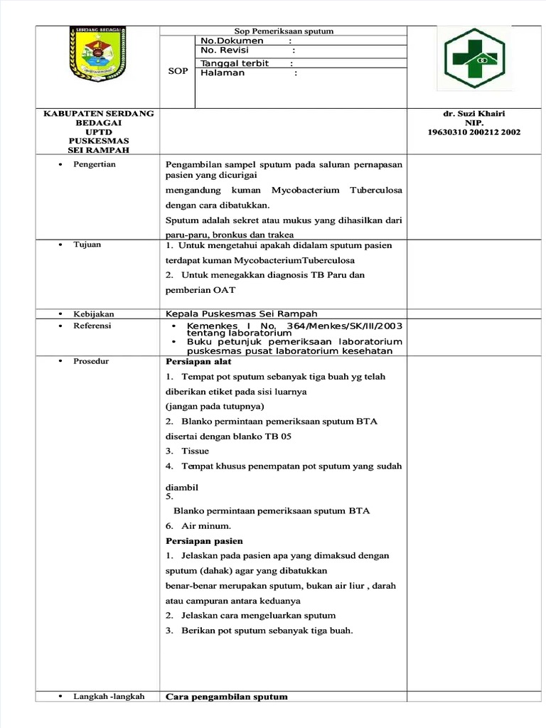 Sop Pemeriksaan Sputum DL | PDF