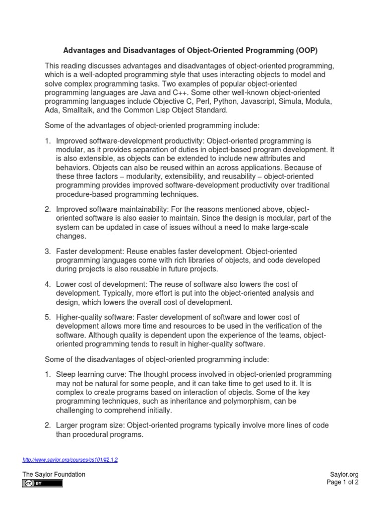 CS101 2.1.2 AdvantagesDisadvantagesOfOOP FINAL | PDF | Object Oriented Programming | Modular ...