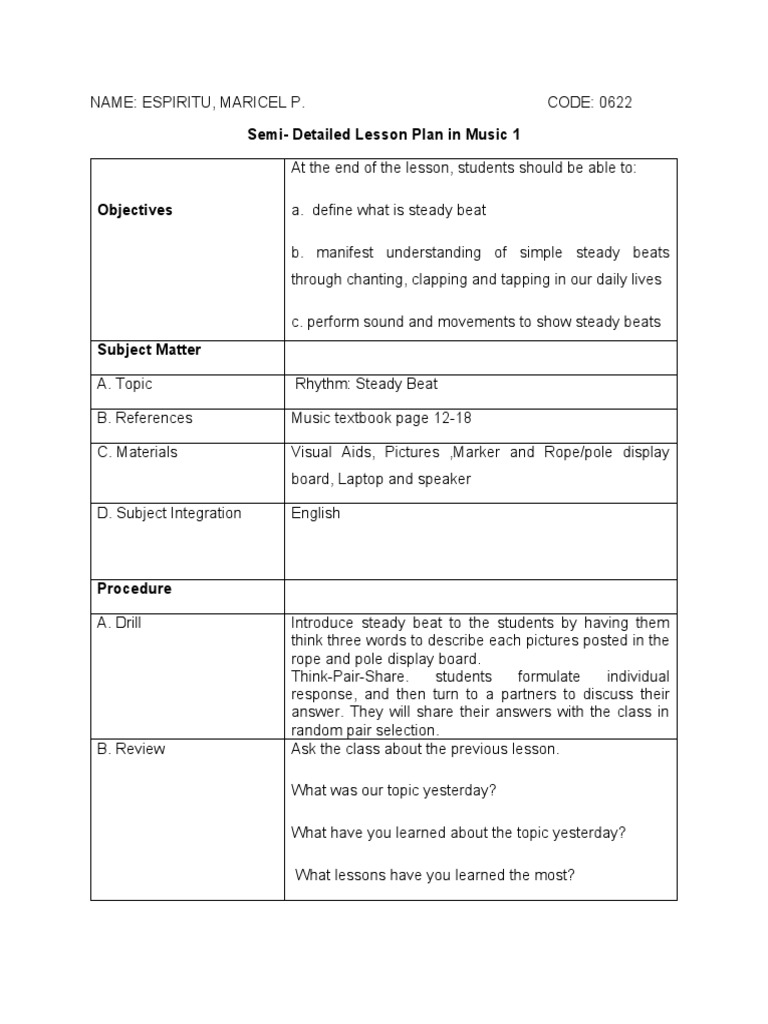 Semi-Detailed Lesson Plan in Music 1 | PDF | Lesson Plan | Teachers