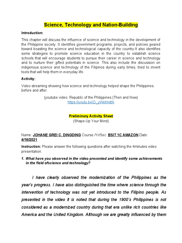 Johane Grei Dingding - Worksheet On Science, Technology & Nation ...