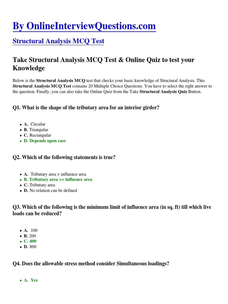 Structural Analysis Mcq Test Online Pdf Structural Analysis