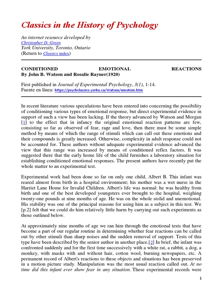 Watson y Rayner (1920) Conditioned Emotional Reactions | PDF ...