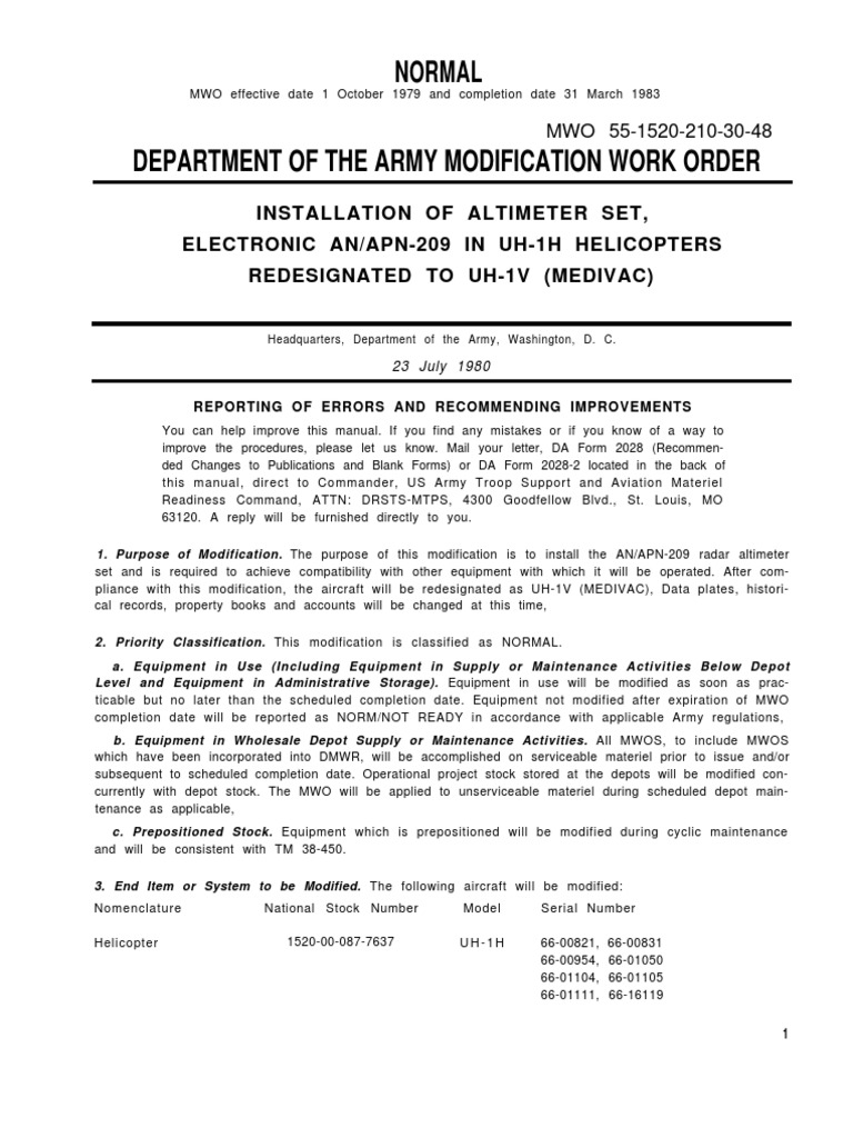 Normal: Installation of Altimeter Set, Electronic An/Apn-209 in Uh-1H ...